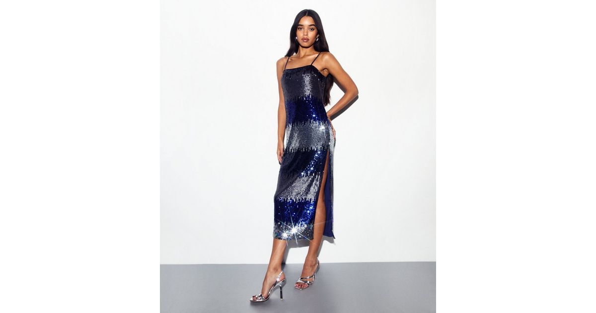 Blue Sequinned Ombré Side Slit Midi Dress | New Look