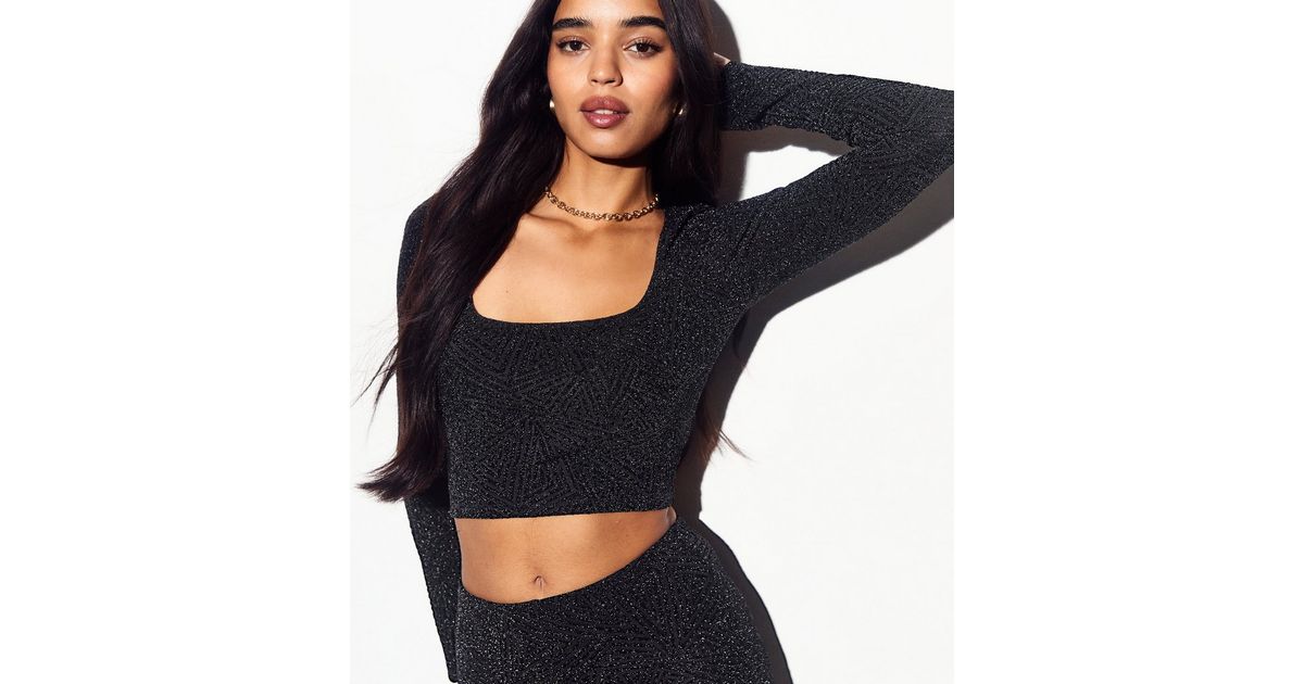 Black Metallic Long Sleeve Crop Top | New Look