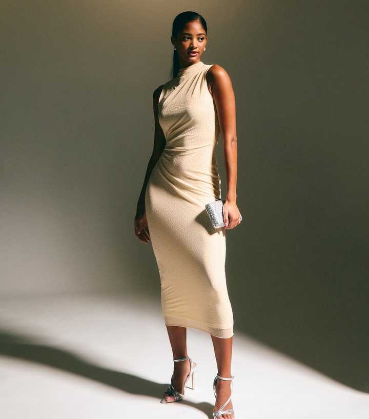Cream Crystal Ruched Stretch Mesh Midi Dress | New Look
