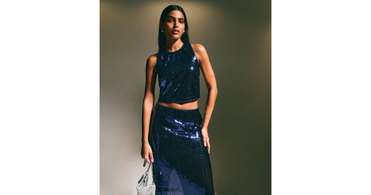 Navy Sequinned Cropped Top | New Look