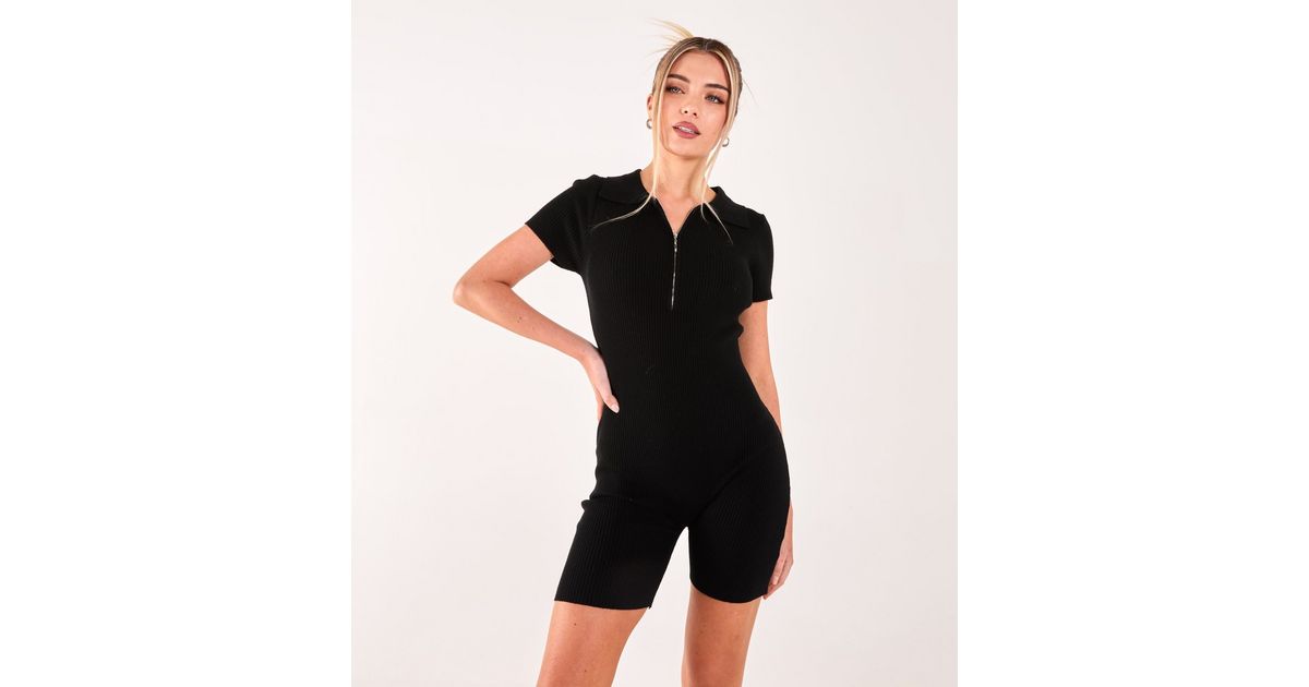 Pink Vanilla Black Zip Up Rib Knit Unitard | New Look