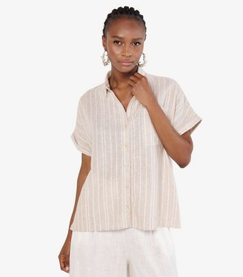 Apricot Stone Linen-Blend Stripe Print Short Sleeve Shirt | New Look