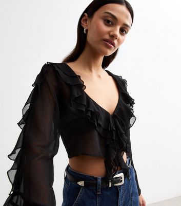 Black Ruffle Trim Sheer Cropped Blouse | New Look