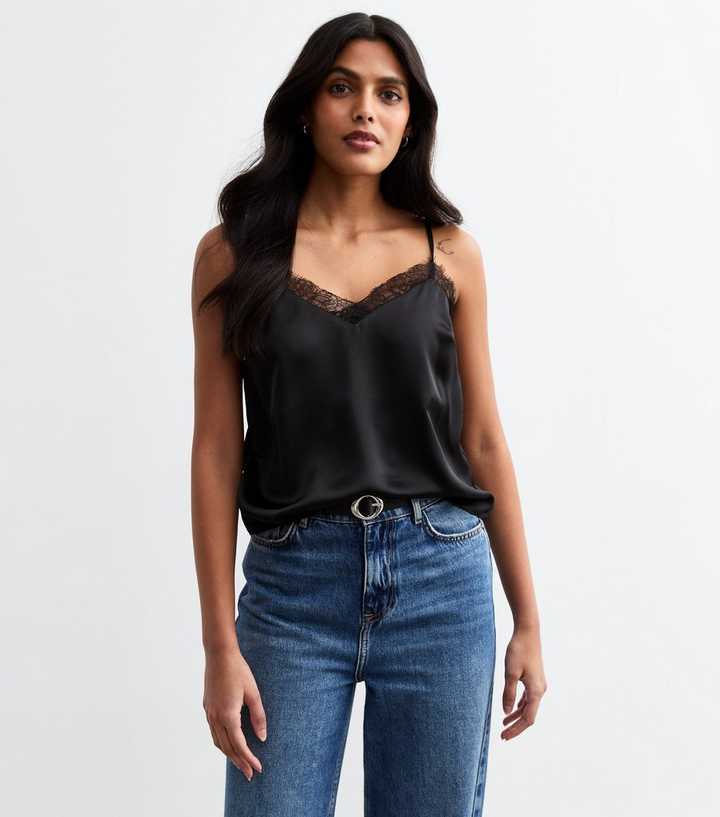 Black Lace Trim Satin Cami Top | New Look