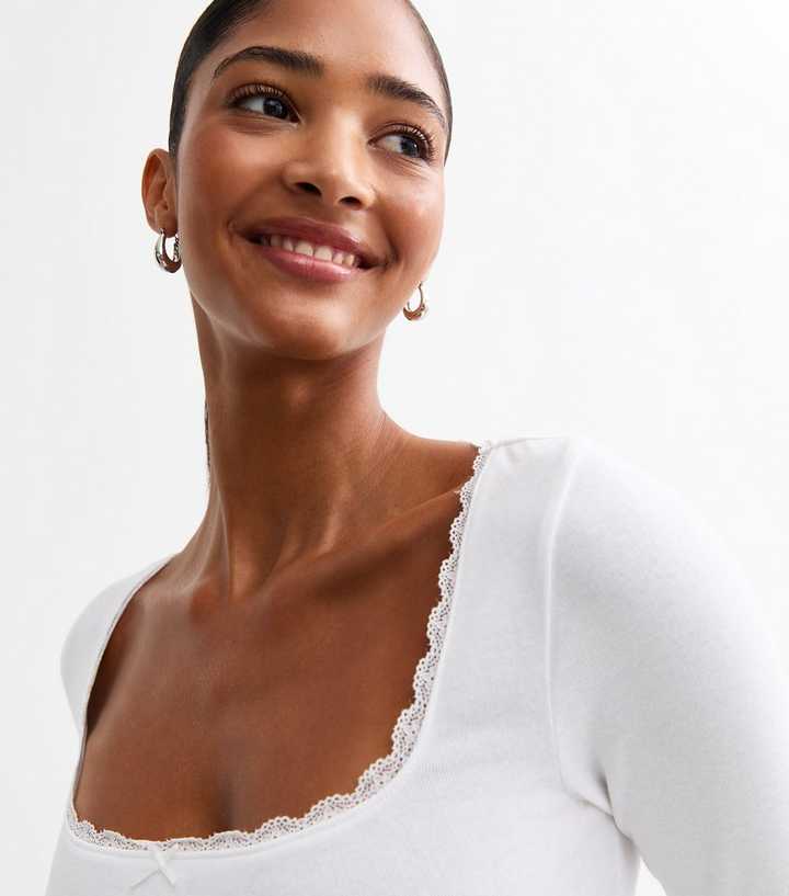 Off White Square Neck Lace Trim Top | New Look