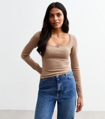 Mink Square Neck Lace Trim Top | New Look