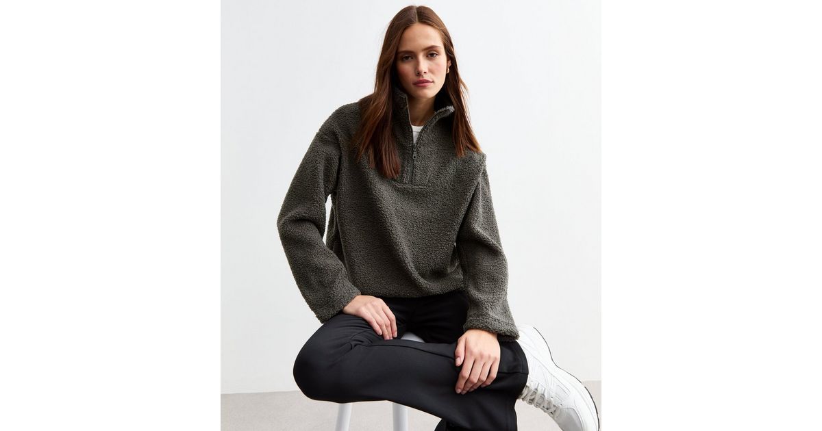 Grey Textured Borg Quarter Zip Sweatshirt | New Look