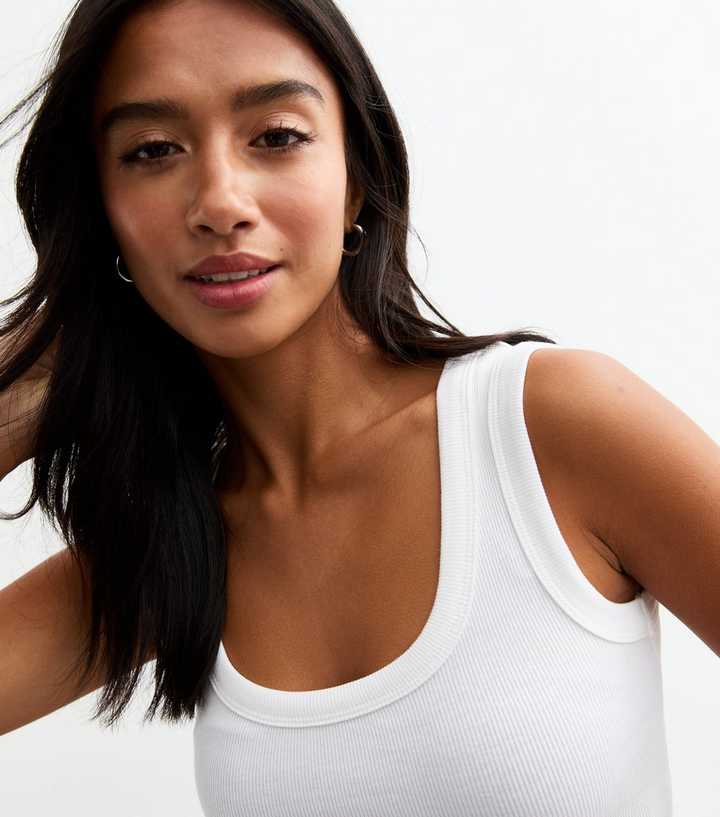 Petite White Scoop Neck Ribbed Jersey Vest | New Look