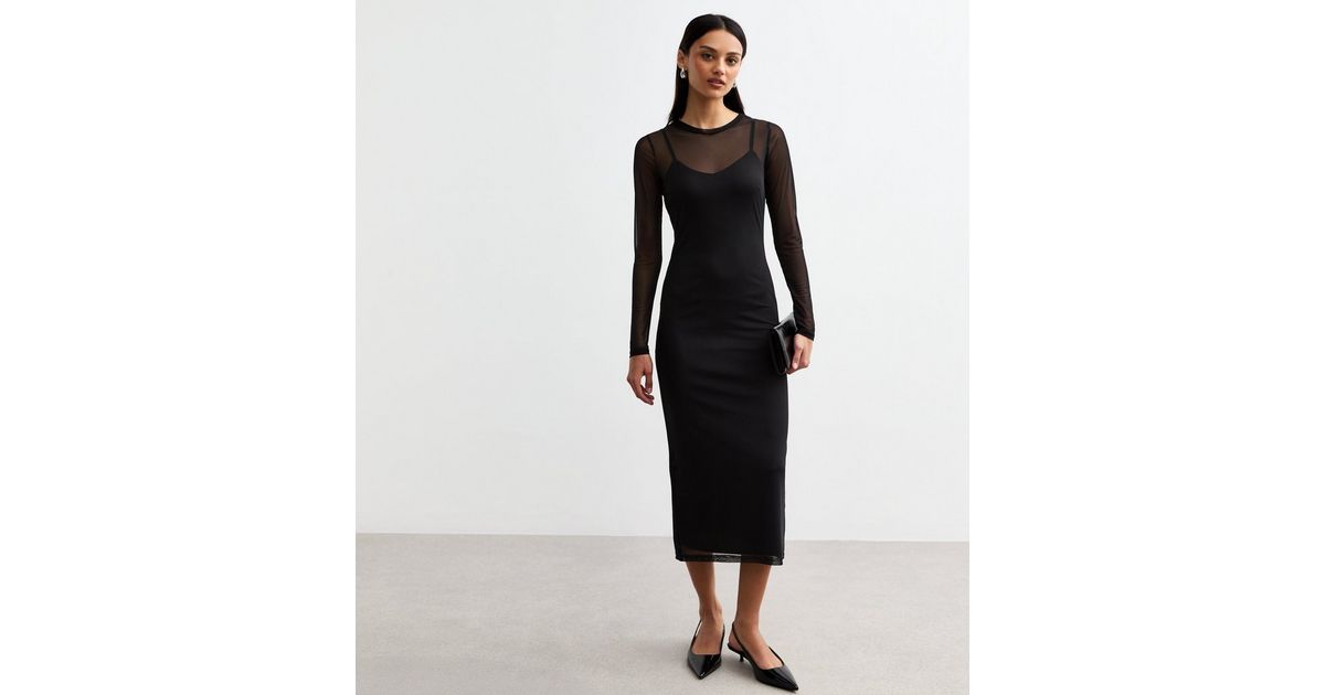 Black Long Sleeve Mesh Midi Dress | New Look