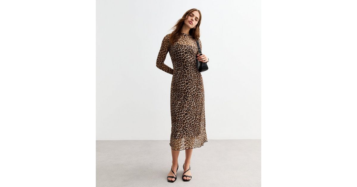 Brown Leopard Print Mesh Midi Dress | New Look