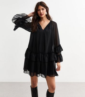 Black Tiered Ruffled Chiffon Mini Dress | New Look