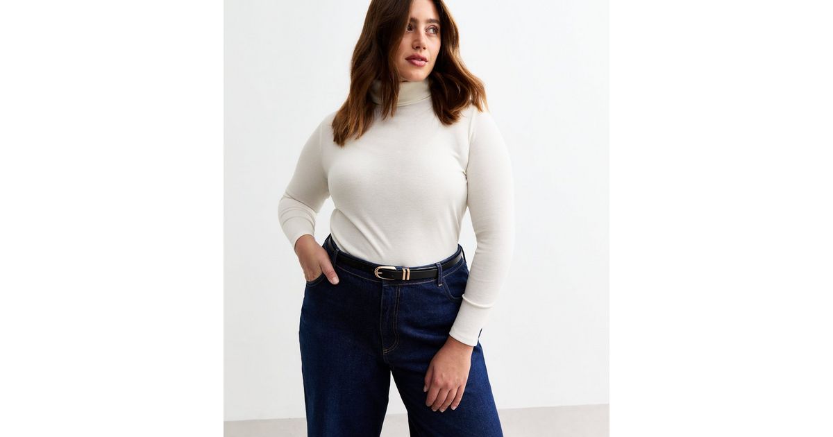 Curves Cream Fine Rib Roll Neck Top | New Look