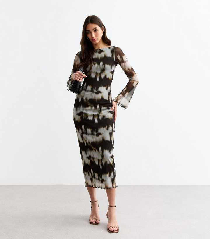 White Abstract Print Mesh Midi Dress | New Look