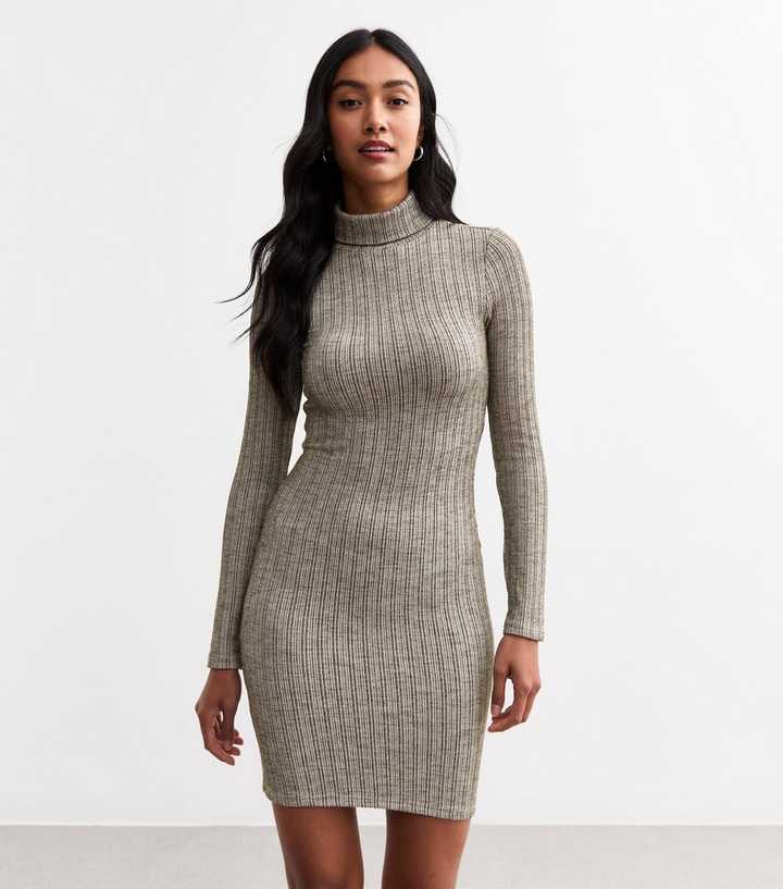 Dark Grey Fine Rib Knit Roll Neck Mini Dress | New Look