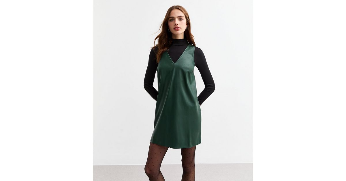 Dark Green Faux Leather V Neck Mini Pinafore Dress | New Look