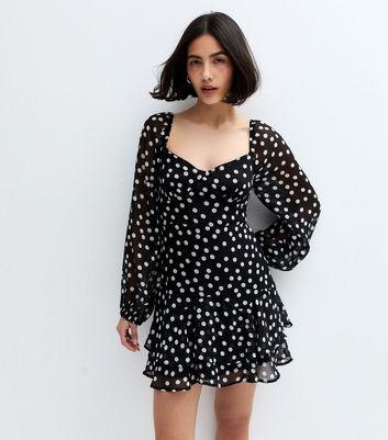 Black Polka Dot Sweetheart Neck Chiffon Mini Dress | New Look