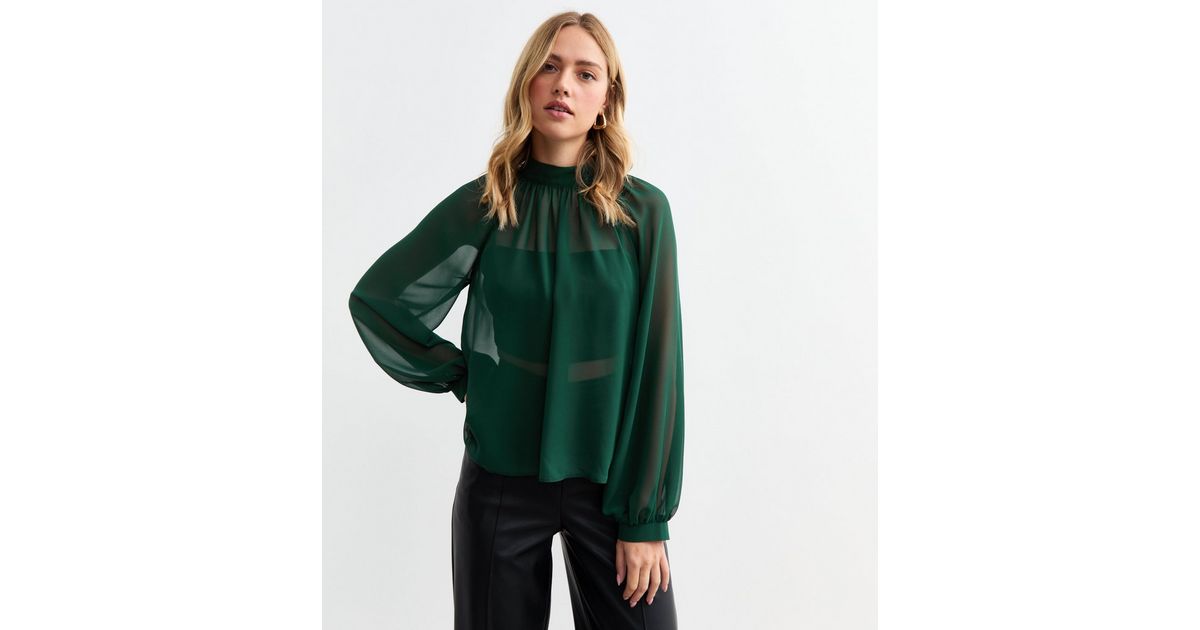 Green High Neck Chiffon Blouse | New Look