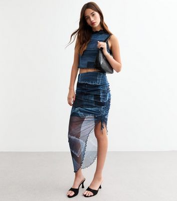Blue Mesh Patchwork Denim Print Asymmetric Midi Skirt | New Look