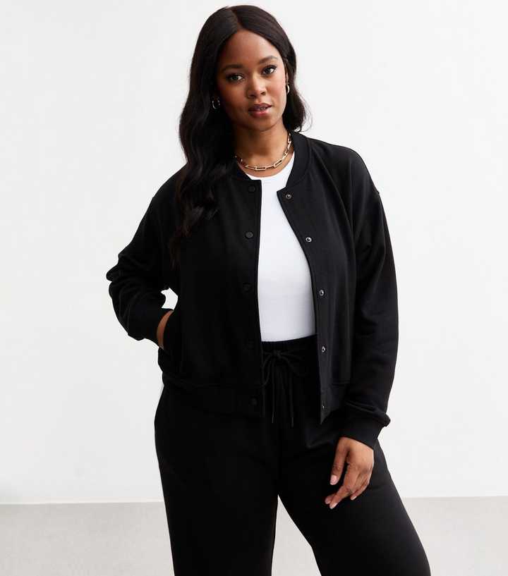 Curves Black Woven Long Sleeve Bomber Jacket | New Look