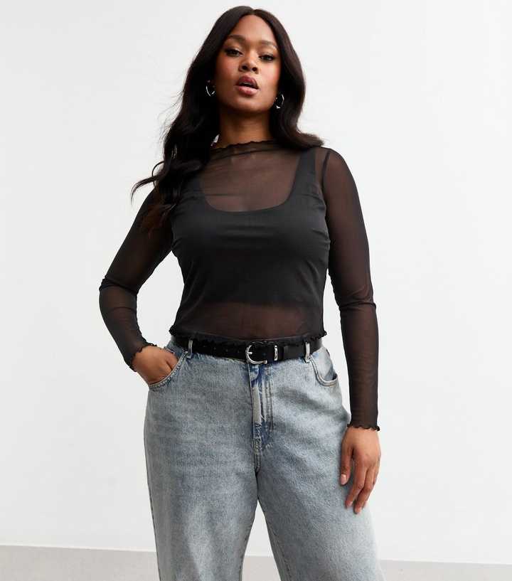 Curves Black Sheer Mesh Long Sleeve Top | New Look