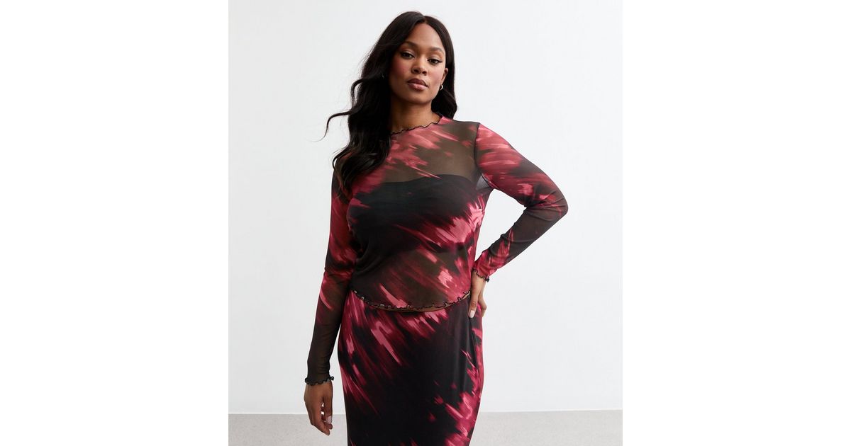 Curves Red Abstract Print Mesh Top | New Look