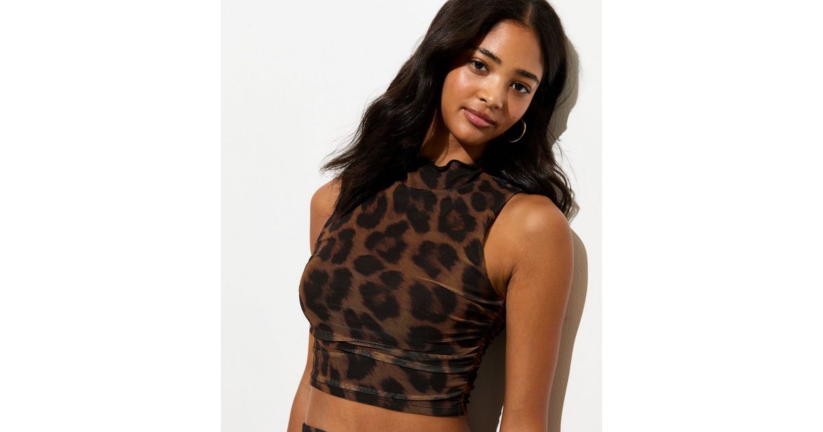 Brown Leopard Print Mesh Crop Top | New Look