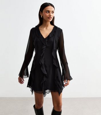 Black Ruffle Trim Chiffon Mini Dress | New Look