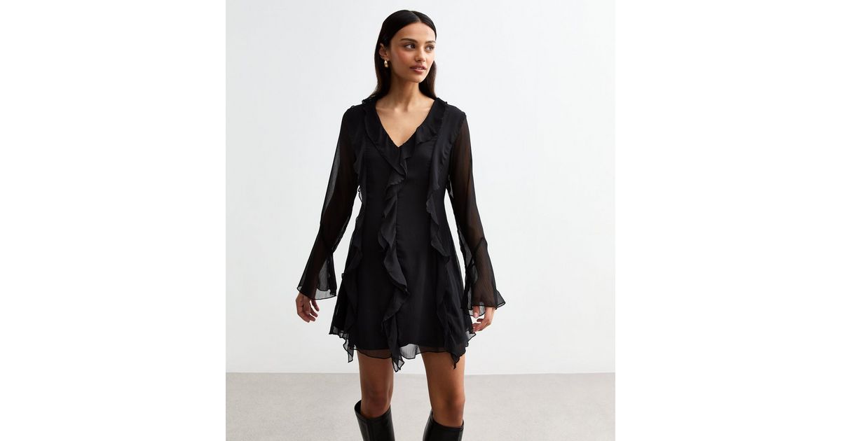 Black Ruffle Trim Chiffon Mini Dress | New Look