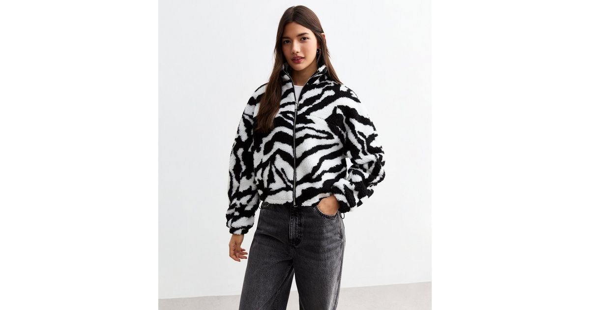 Black Zebra Print Borg Zip Up Jacket | New Look