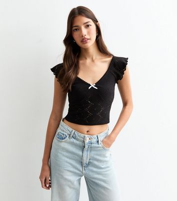 Black Floral Embroidered Bow Trim Top | New Look