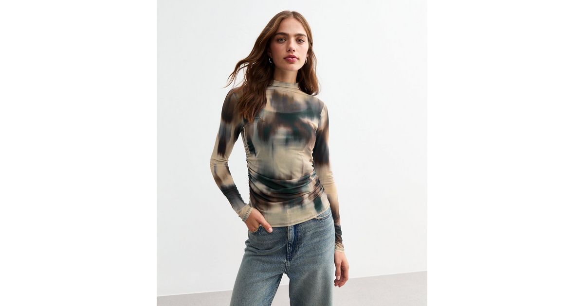 Black Abstract Print Ruched Mesh Long Sleeve Top | New Look