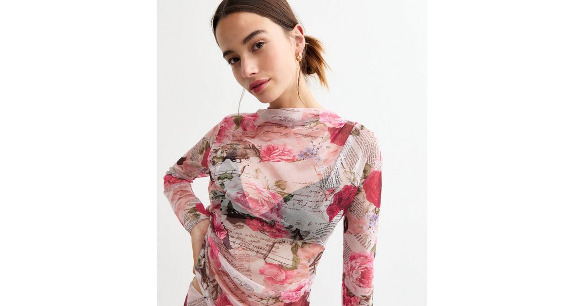 Pink Newspaper Rose Print Mesh Ruched Long Sleeve Top | New Look