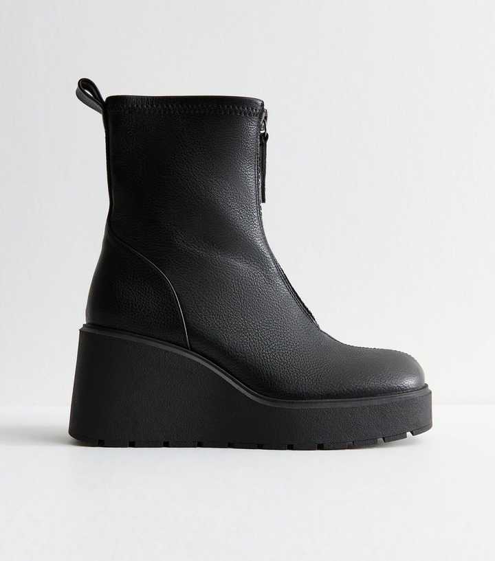 Wide Fit Black Wedge Heel Faux Leather Boots | New Look