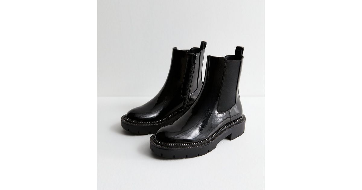 Black Chain Trim Patent Chelsea Boots | New Look