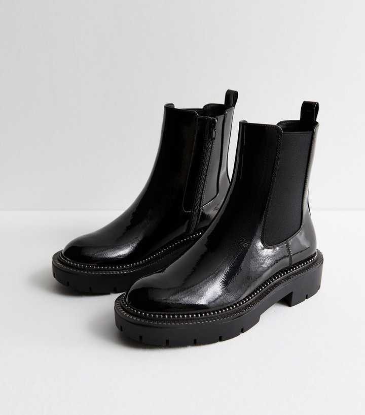 Black Chain Trim Patent Chelsea Boots | New Look