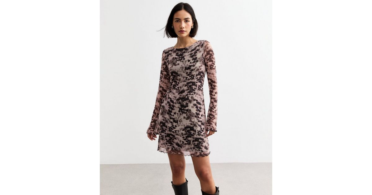 Brown Blur Animal Print Mesh Long Sleeve Micro Mini Dress | New Look