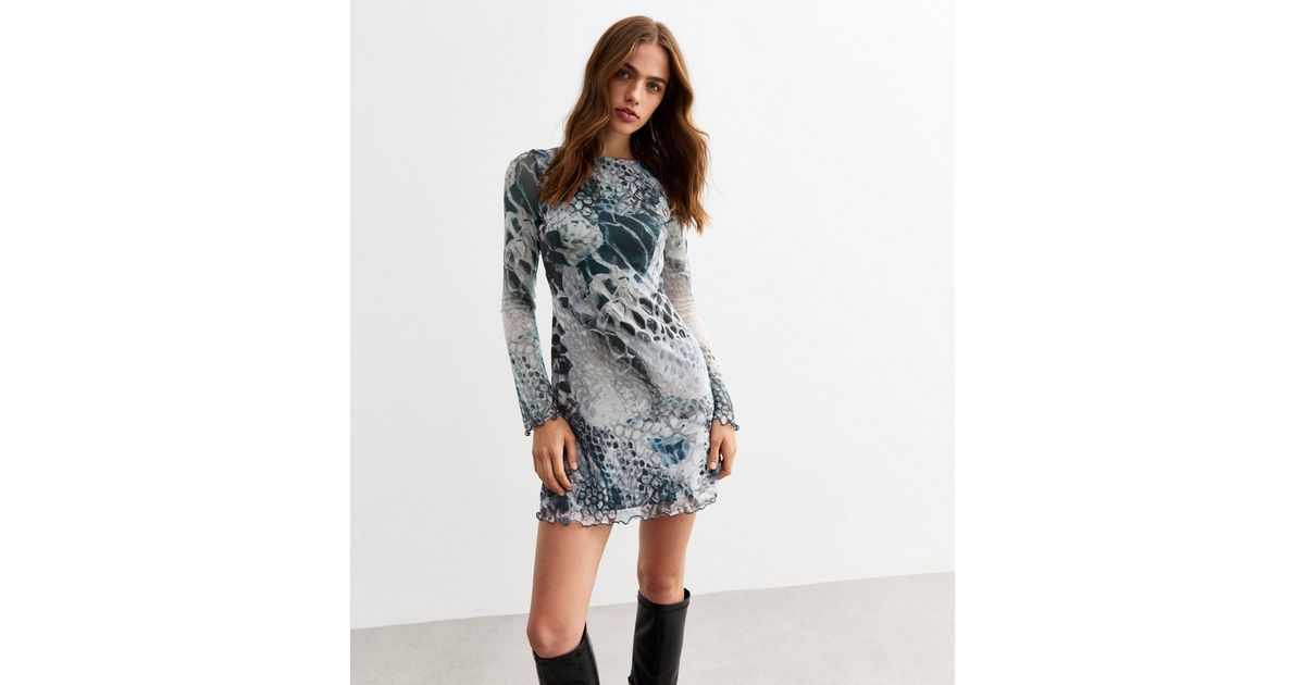 Grey Mesh Snake Print Mini Dress | New Look