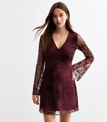Red Mesh Floral V-Neck Mini Dress | New Look