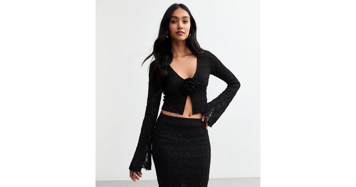 Black Corsage Textured Lace Crop Top | New Look