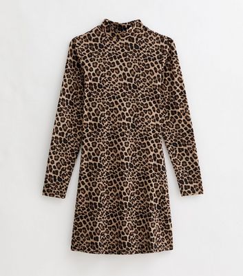 Petite Brown Leopard Print Jersey Mini Dress