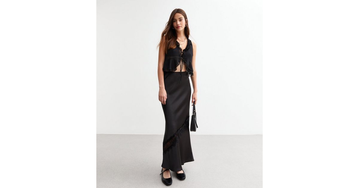 Black Satin Lace Insert Midi Skirt New Look