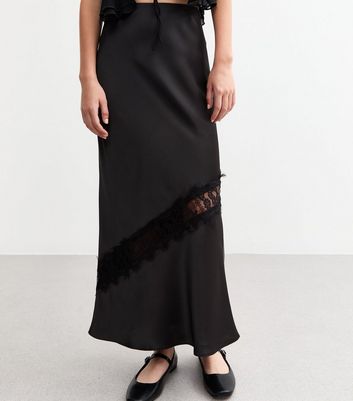 Black Satin Lace Insert Midi Skirt | New Look