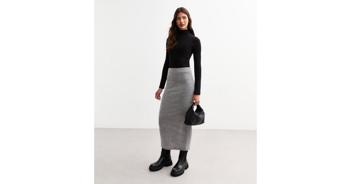 Grey Marled Stretch Rib Midi Skirt | New Look