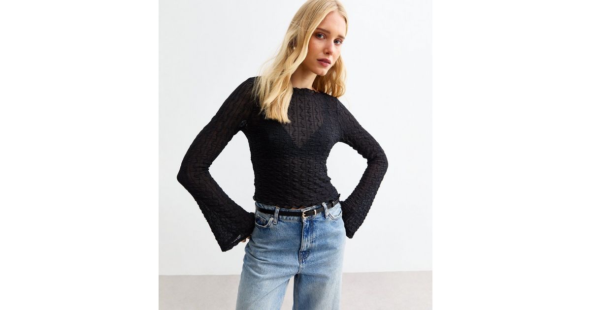 Black Textured Flared Sleeve Top | New Look