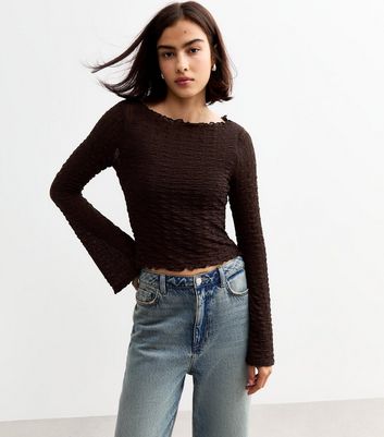 Brown Textured Flared Sleeve Top | New Look