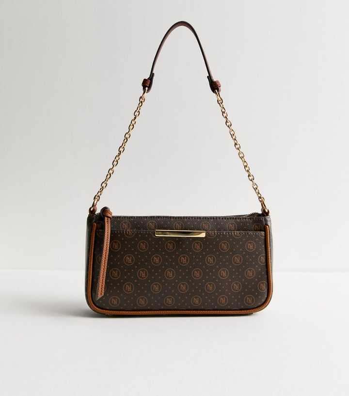Dark Brown Monogram Chain Strap Shoulder Bag | New Look