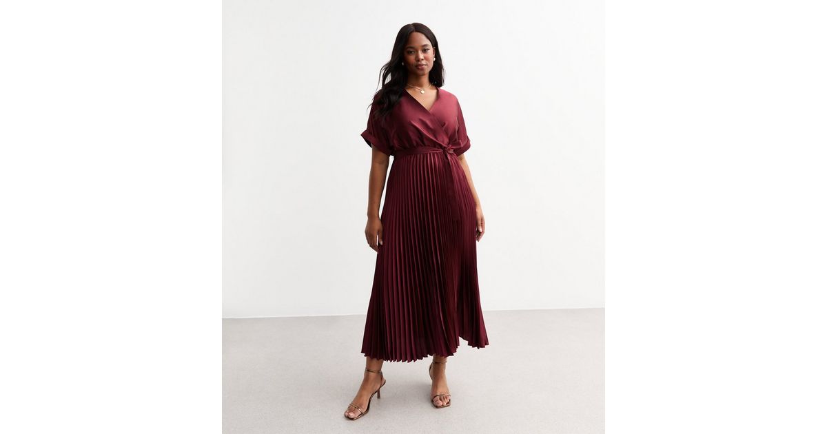Curves Burgundy Crossover Satin Midi Dress | New Look
