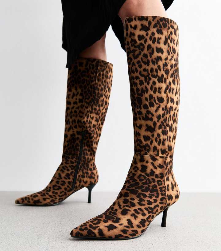 Stone Leopard Print Knee High Boots | New Look
