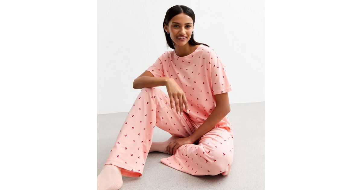 Pink Cherry Print Cotton Long Pyjama Set | New Look