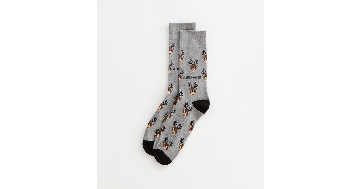 Grey Sleigh What Rudolph Christmas Socks | New Look